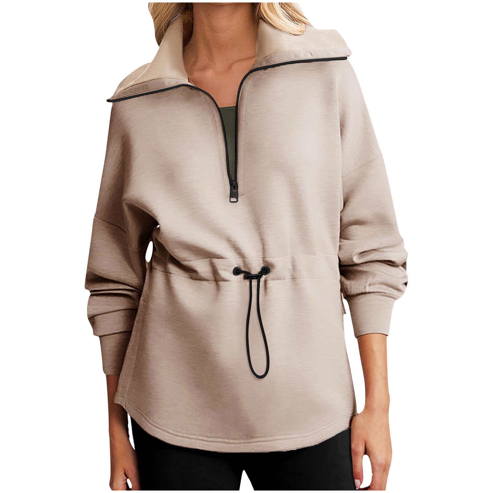 AherBiu Sweatshirt for Women Drawstring Waist Half Zip up Collared Long ...