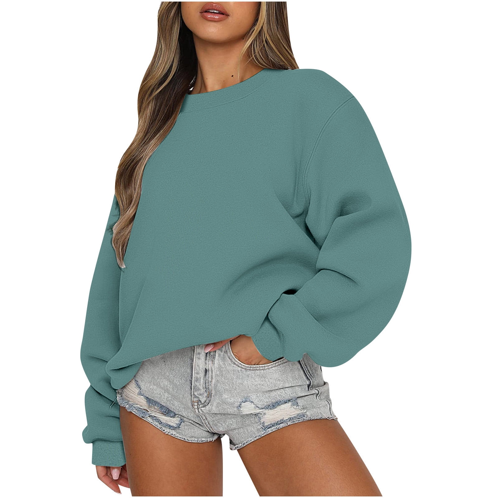 AherBiu Sweatshirt for Women Trendy Crewneck Fleece Fall Pullover Long ...
