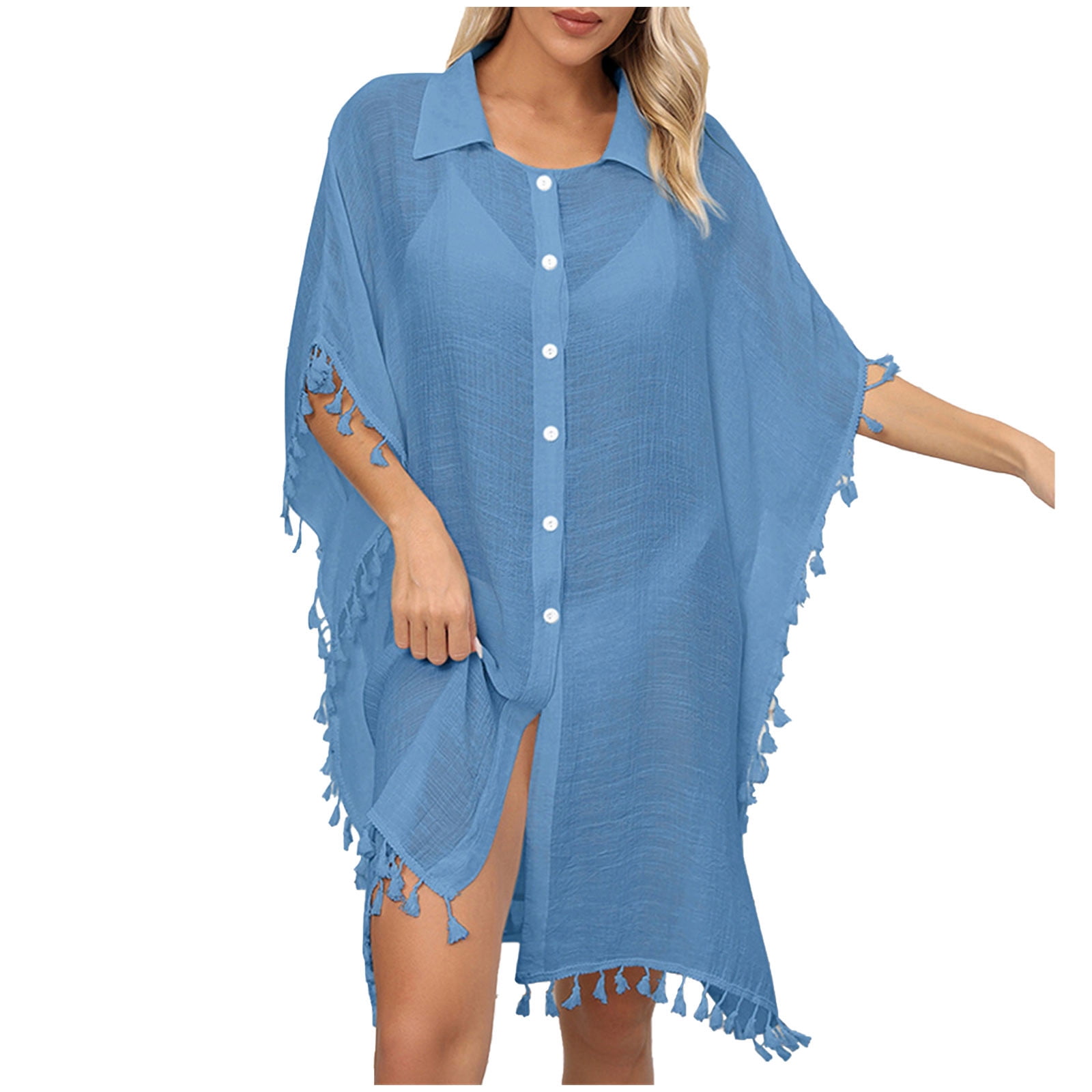 AherBiu Swimsuit Coverup for Women Sunproof Tassels Button Down Shirts ...