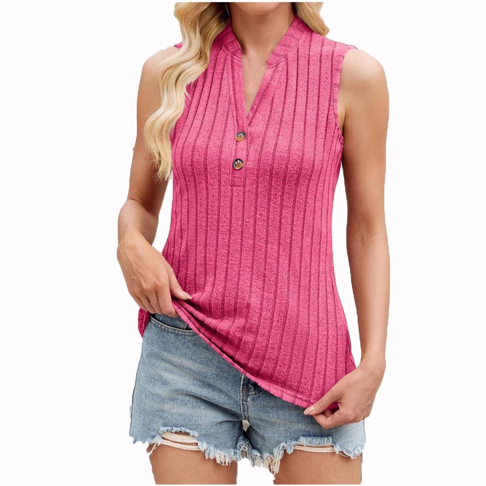 AherBiu Tank Tops for Women Button Notch V Neck Ribble Knitted Fitted Ladies Summer Sleeveless ...