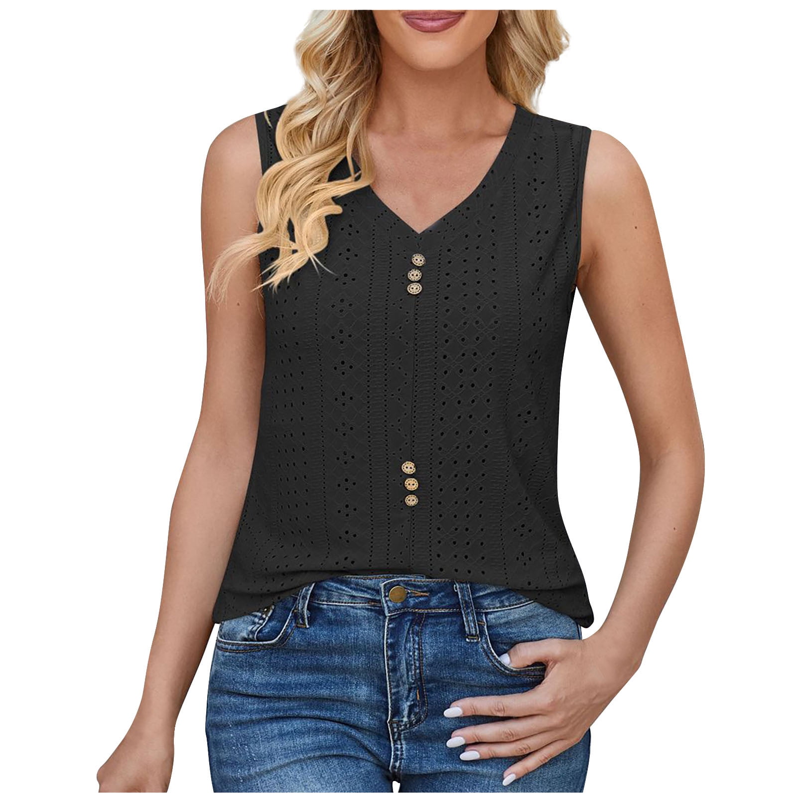 AherBiu Tank Tops for Women Eyelet Hole V Neck Sleeveless Shirts Blouse Summer Beach Wear Boho ...