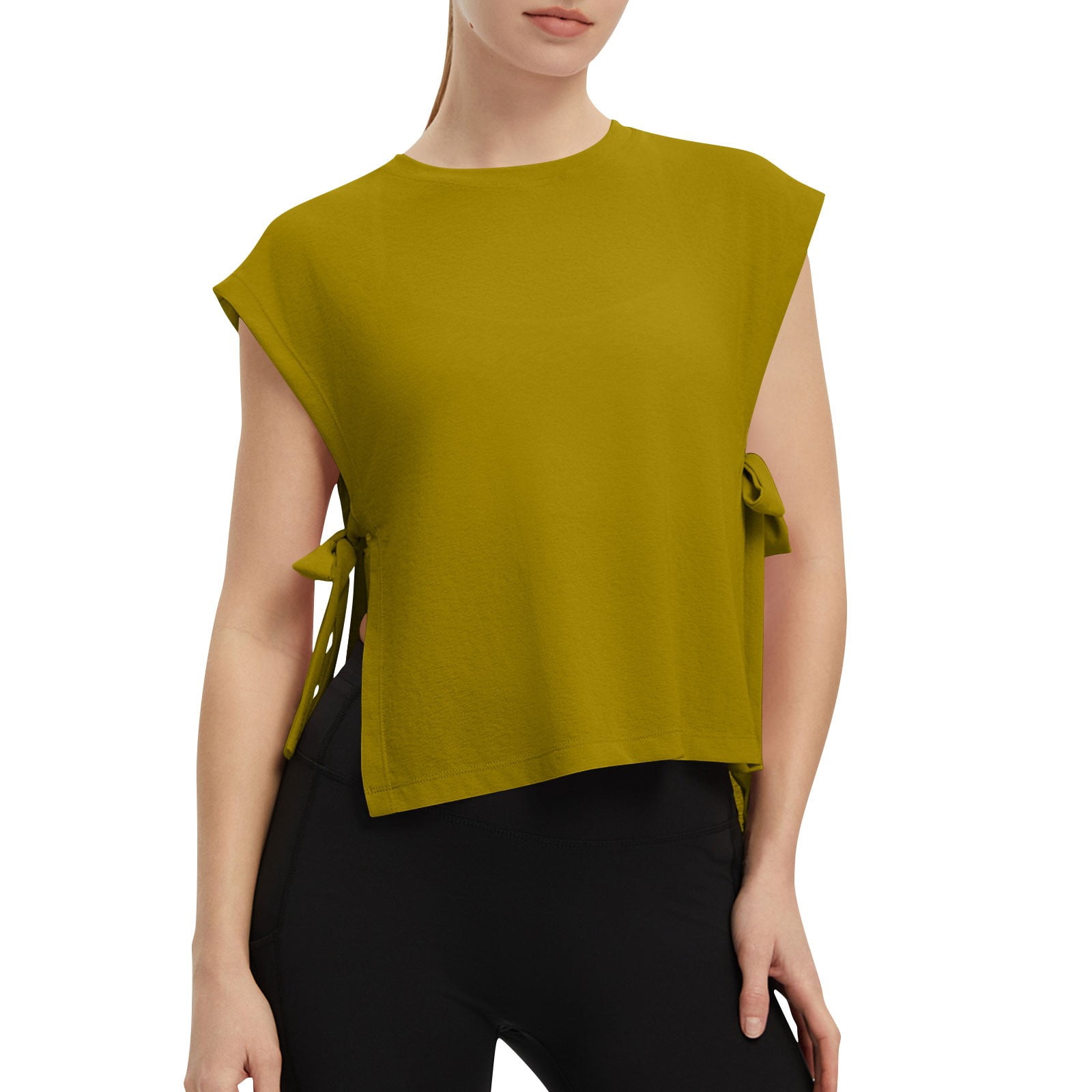 AherBiu Tank Tops for Women High Low Side Slit Bow Tie Crewneck Comfy ...
