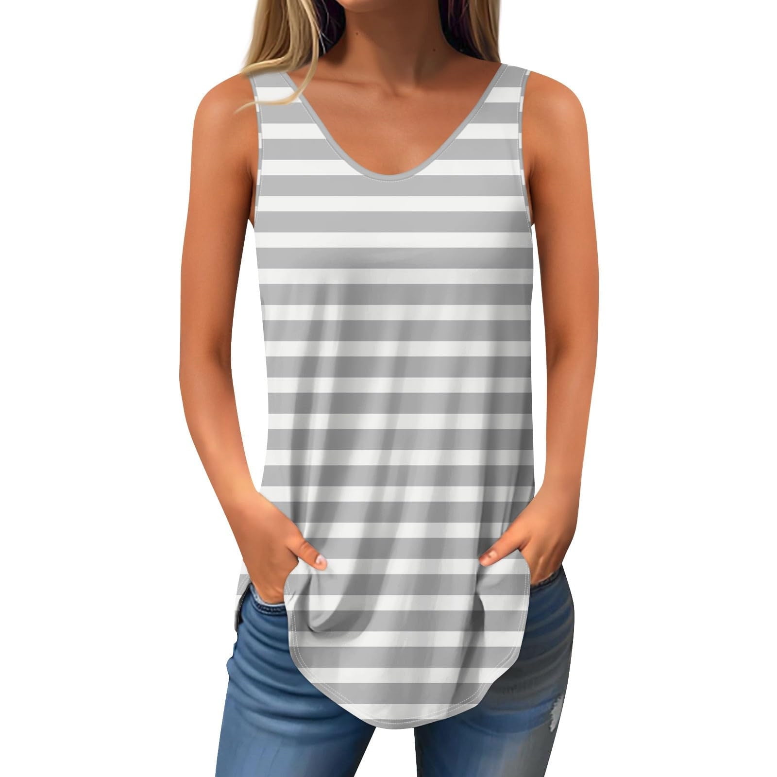 AherBiu Tank Tops for Women Striped Sleeveless V Neck Tunic Top Summer ...