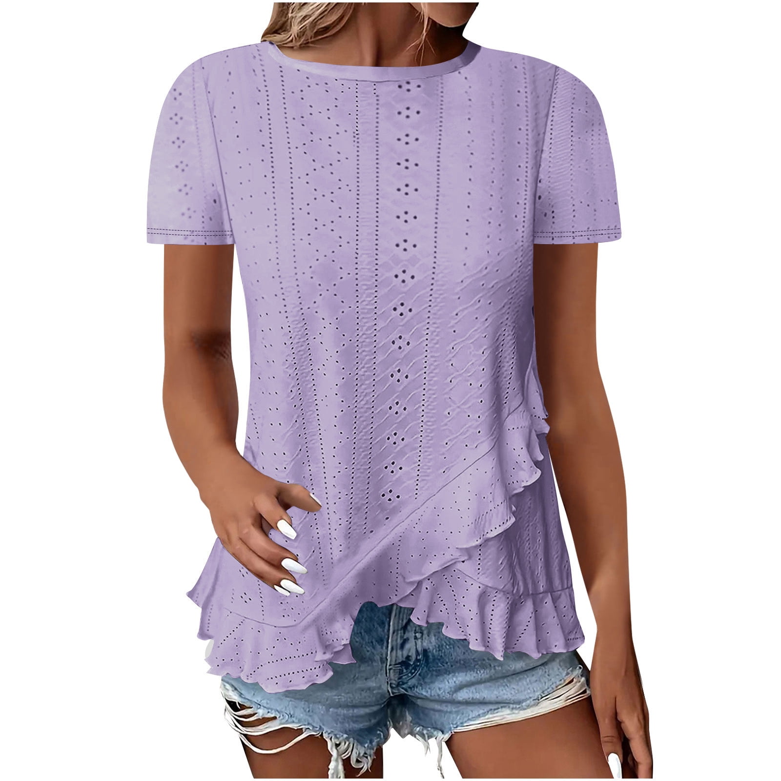 AherBiu Vacation Tops for Women Short Sleeve Wrap Slit Ruffle Boho Shirts Crewneck Stretch ...