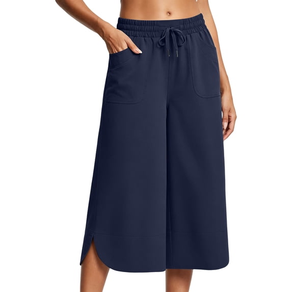 AherBiu Wide Leg Capri Pants for Women Drawstring Elastic High Waisted ...