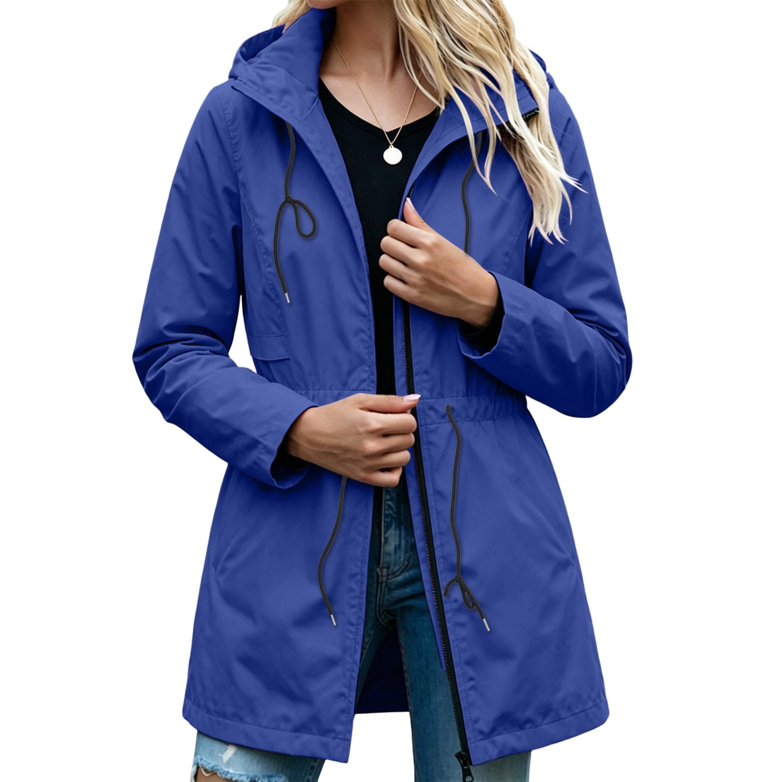 AherBiu Windbreaker Jacket for Women Drawstring Waist Zip up Hooded ...
