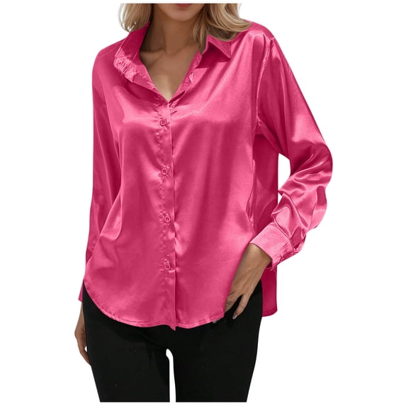 AherBiu Women Button down Shirt Satin Long Sleeve Tops Collared Lapel V ...