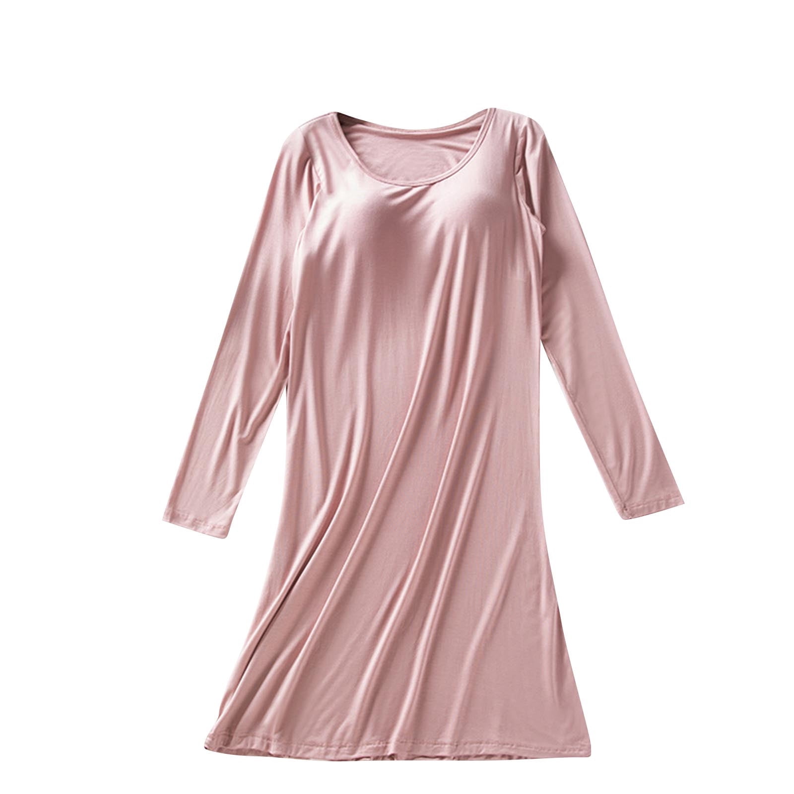AherBiu Women Mid-Long Pajamas Tops with Built in Bra Crewneck Long ...