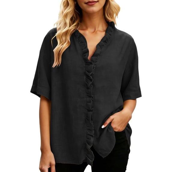 AherBiu Women Tops Dressy Casual Ruffle Button down Shirts V Neck Short ...