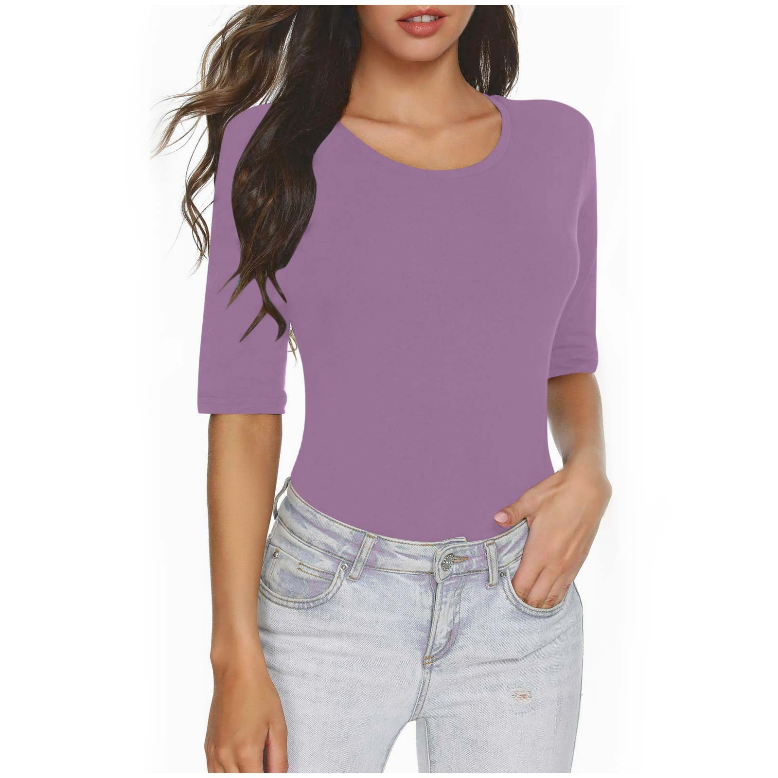 AherBiu Womens Basic Layer Tops Shirts 1/2 Sleeve Scoop Neck Slim Comfy ...