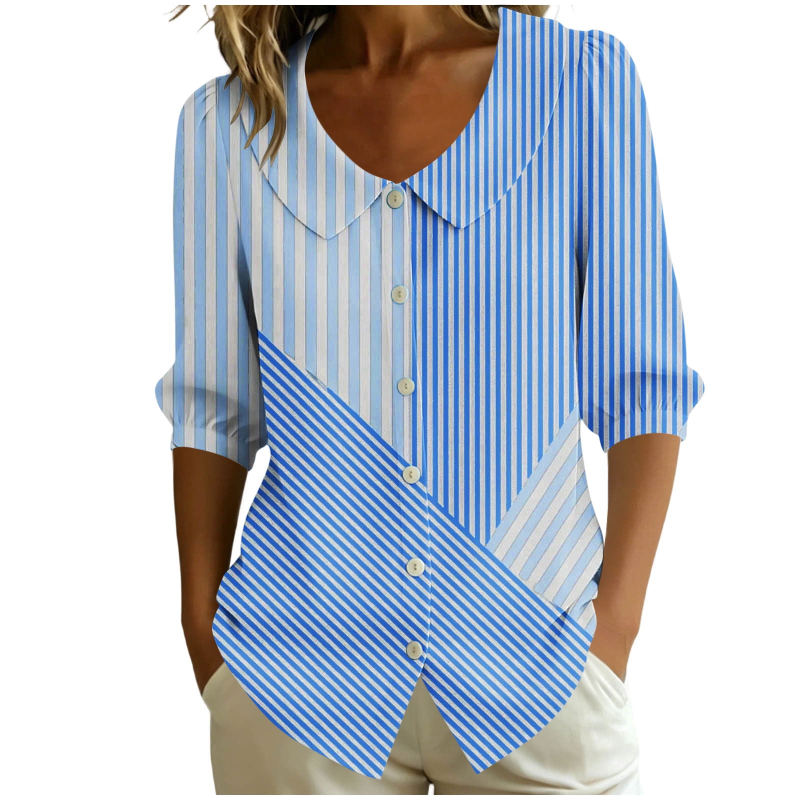 AherBiu Womens Button down Shirts Striped Lapel V Neck 3/4 Sleeve ...
