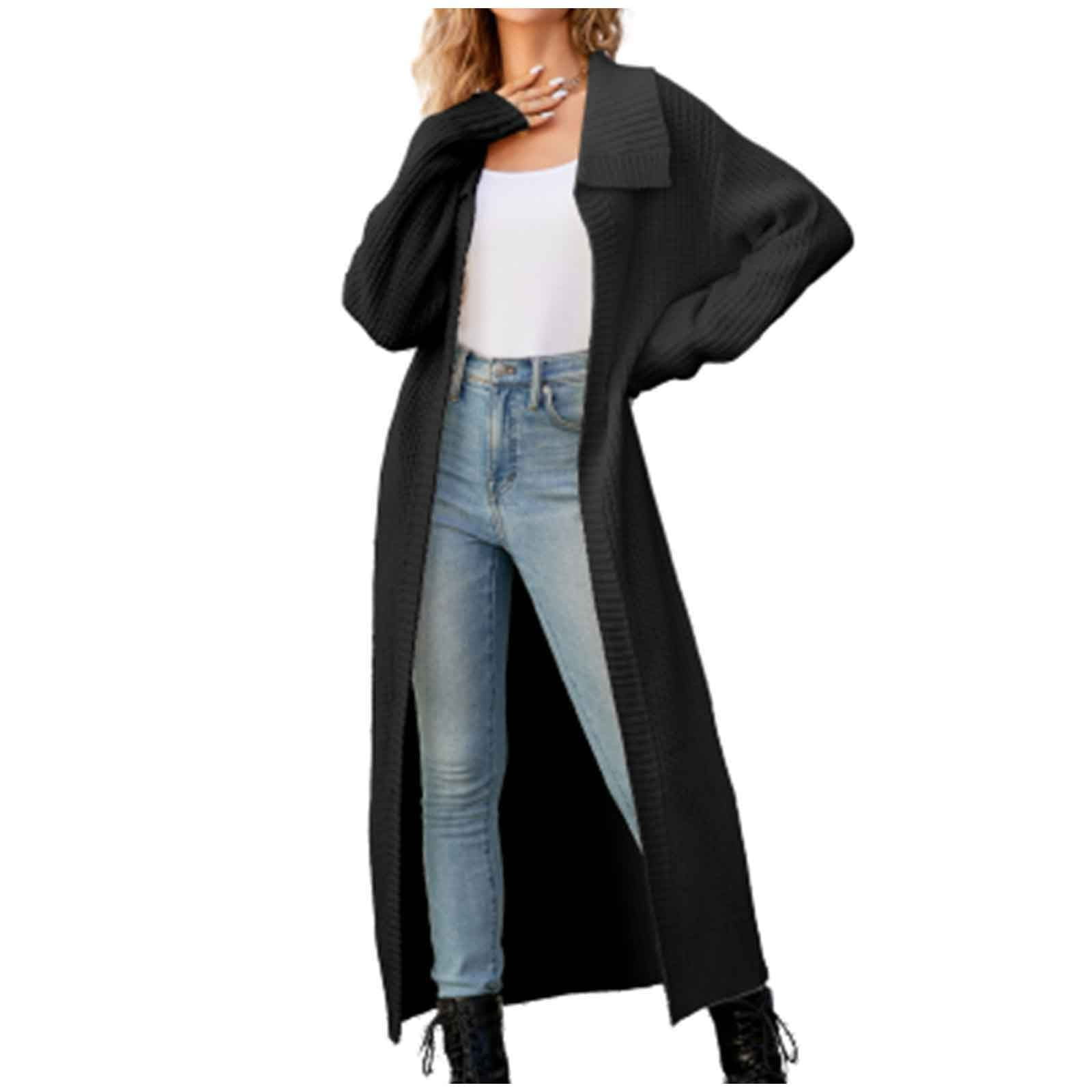 AherBiu Womens Long Cardigans Lapel Open Front Long Sleeve Sweater ...