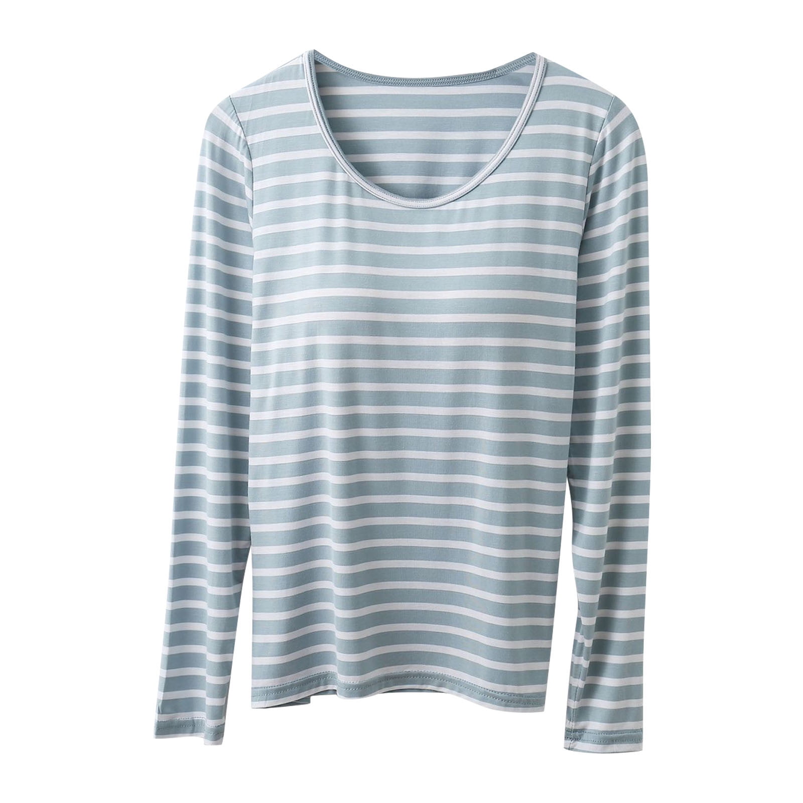 AherBiu Womens Plus Size Pajama Tops Built in Bra Stripes Long Sleeve ...
