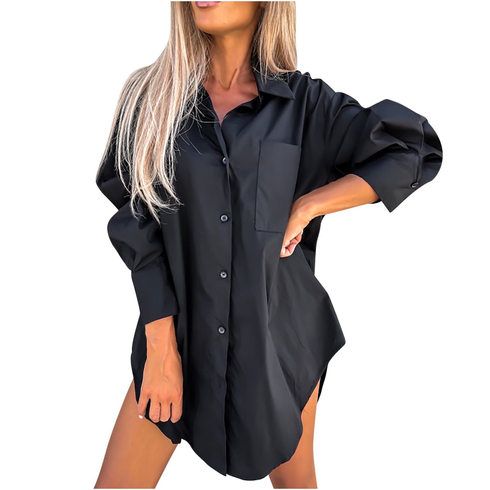 AherBiu Womens Shirts Irregular Hem Hide Butt Button down Lapel V Neck ...
