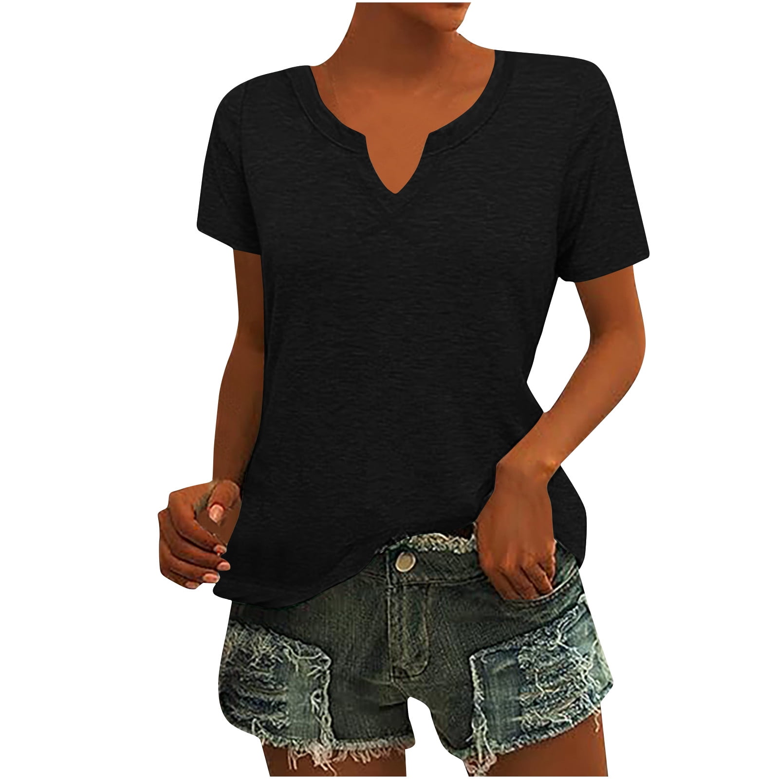 AherBiu Womens T Shirts Basic Notch V Neck Comfy Short Sleeve Tops for Women Summer Casual Tees ...