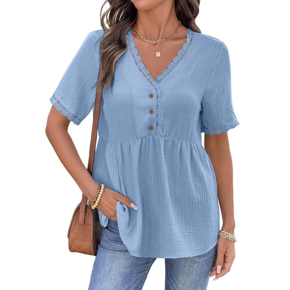 AherBiu Womens Tops Dressy Casual Blouse Half Button Lace V Neck Short ...
