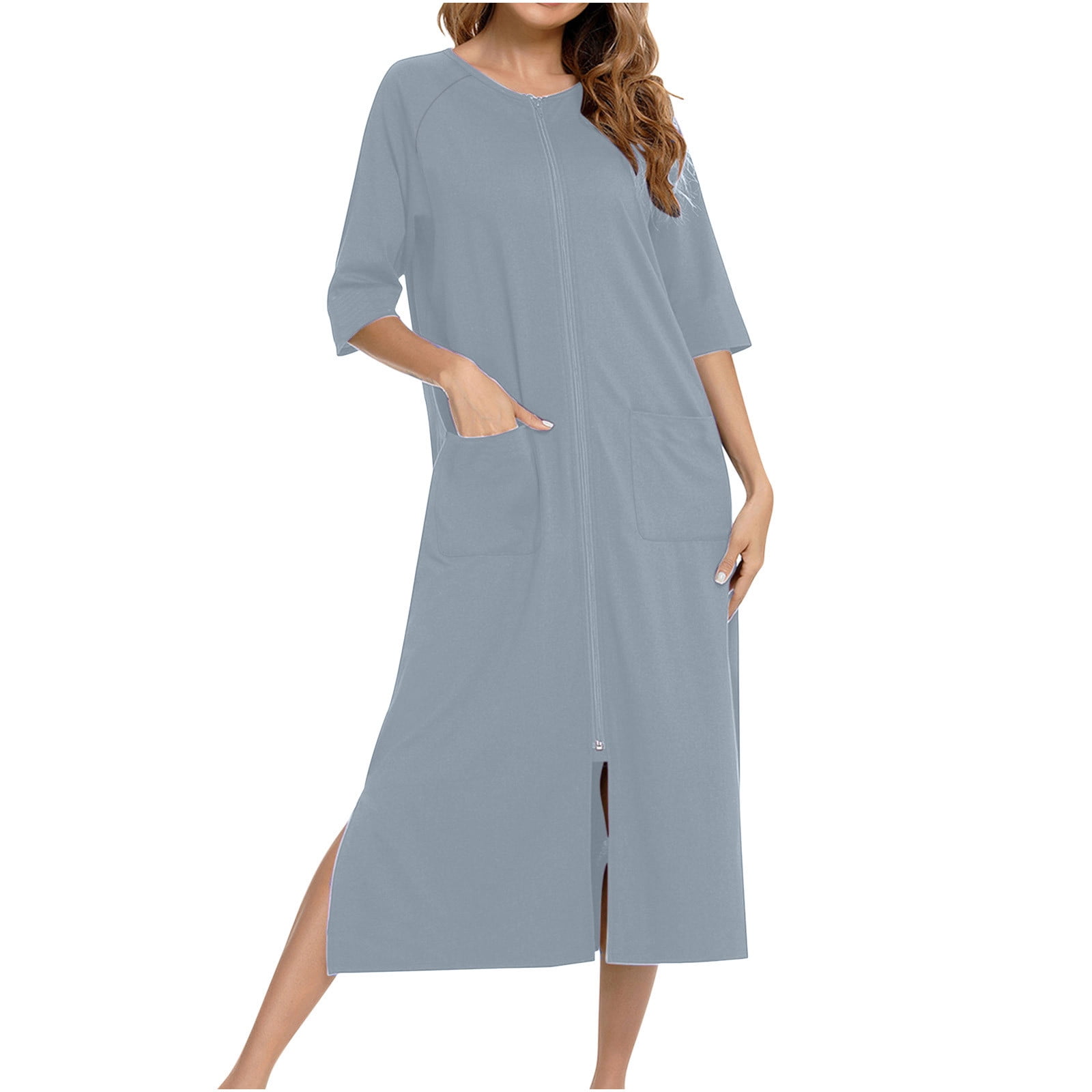 AherBiu Womens Zipper Robe 3/4 Sleeves Nightgown Loungewear Dress ...