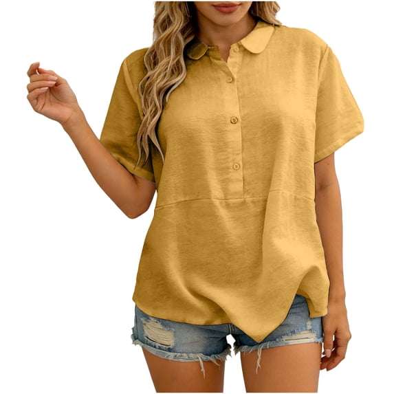 AherBiu Work Tops for Women Half Button Lapel V Neck Short Sleeve ...