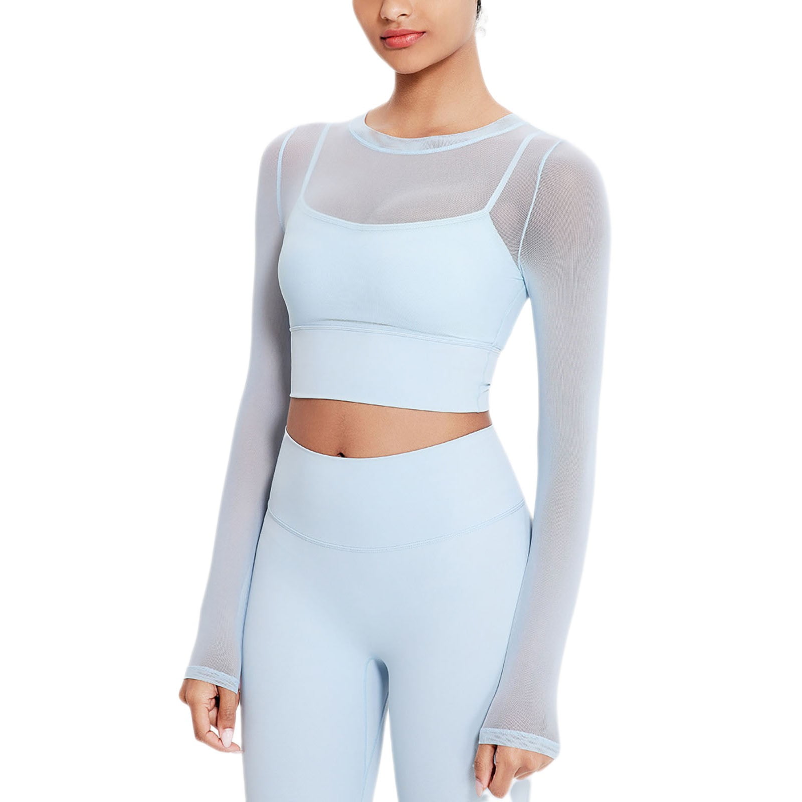 AherBiu Yoga Tops for Women See Through Mesh Stitching Long Sleeve ...