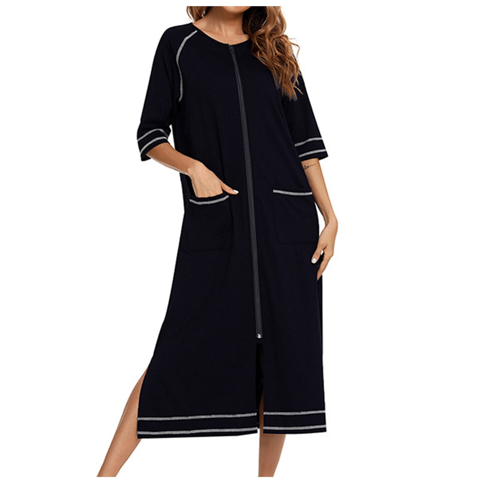 Aherbiu Women Zipper Pajamas Dress Homewear 3/4 Sleeve Nightgown Full ...
