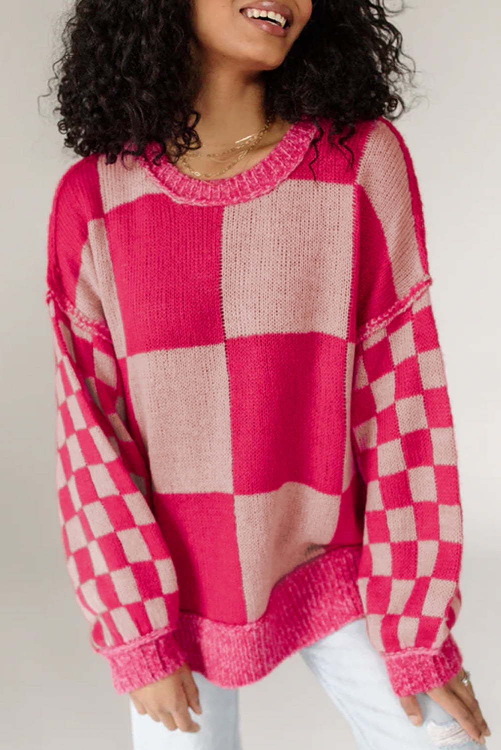 Ahlaray Chic Plaid Drop Shoulder Sweater - Rose Red Knit for Style ...
