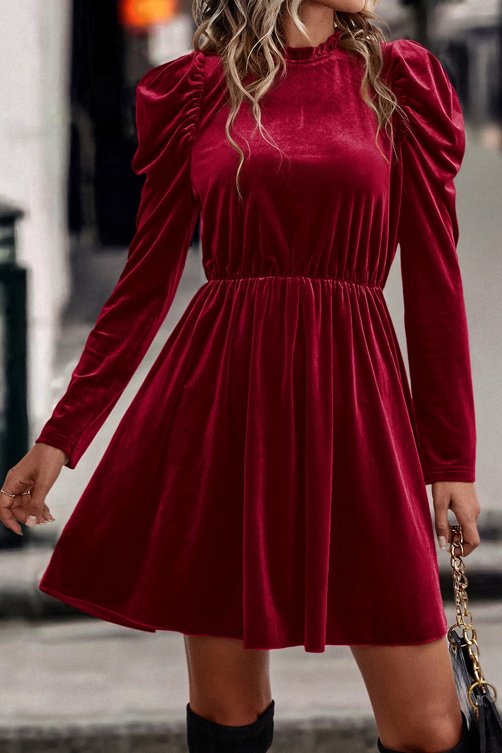 Ahlaray Chic Velvet Ruffle Dress: Swing Neck Short Swing - Walmart.com