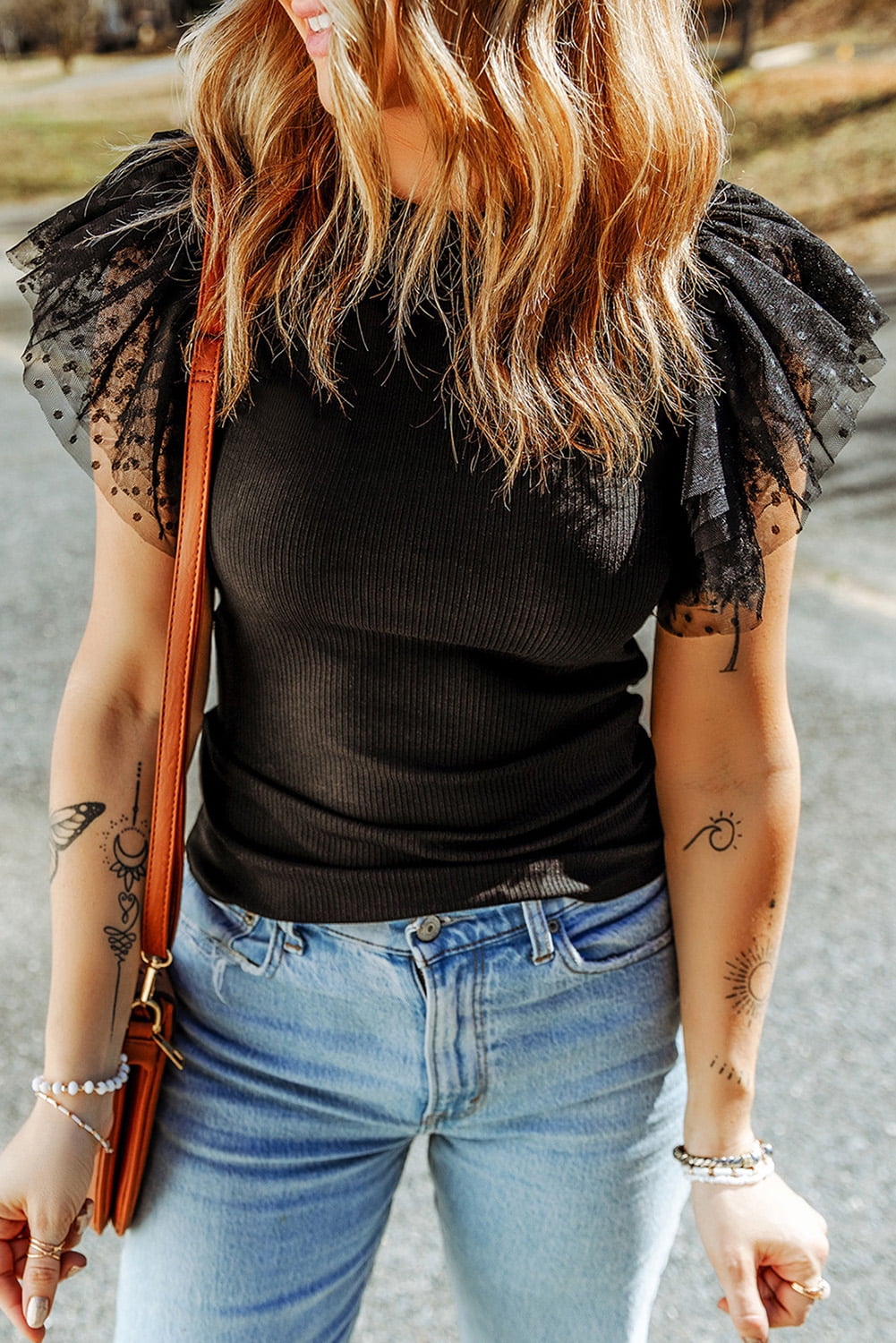 Ahlaray Elegant Black Dot Mesh Top – Ruffle Accents, Perfect Summer ...