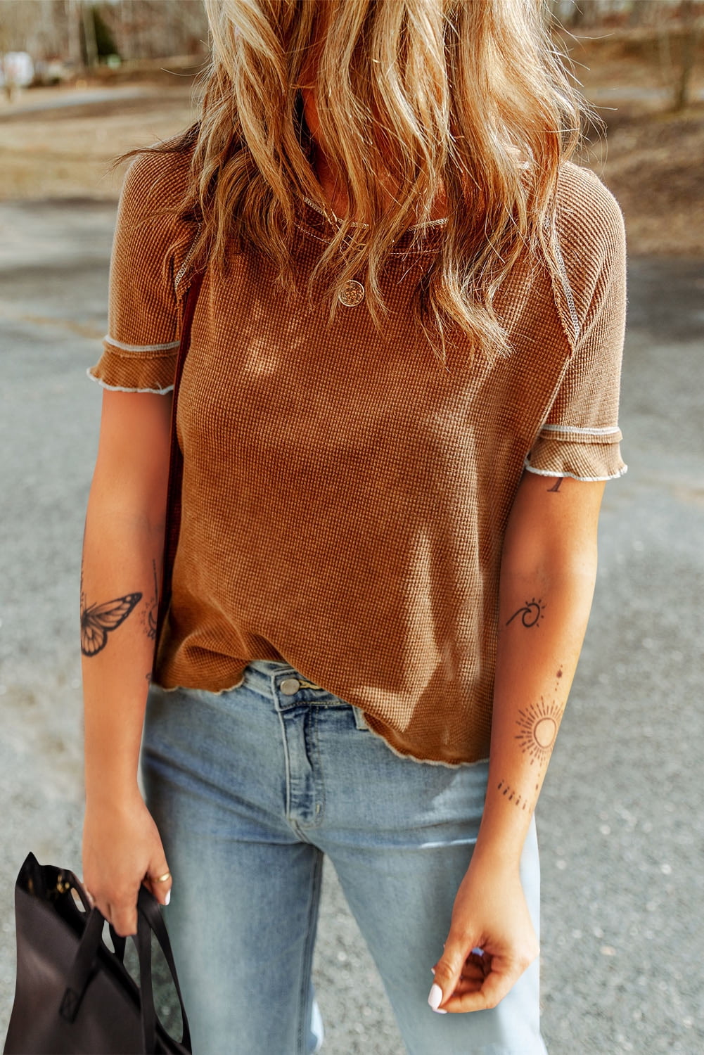 Ahlaray Elegant Chestnut T-Shirt: Frilly Edge, Waffle Knit, Must-Have ...