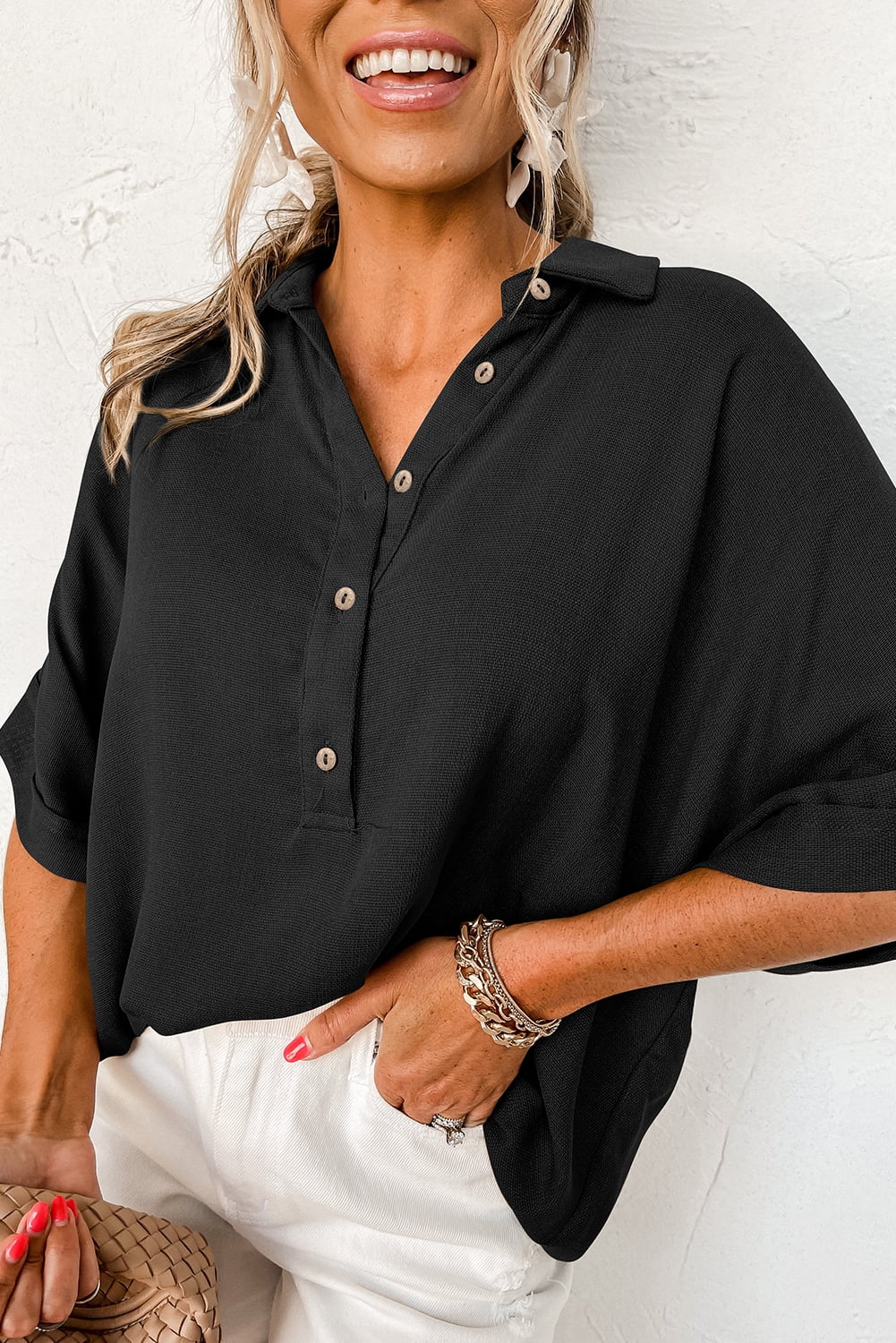 Ahlaray Flattering Oversized Black Collar Top - Easy Half-Button Casual ...