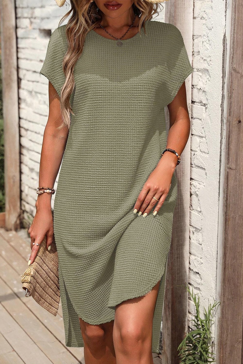 Ahlaray Jungle Green Stylish Split Hem T-Shirt Dress, Textured Elegance ...