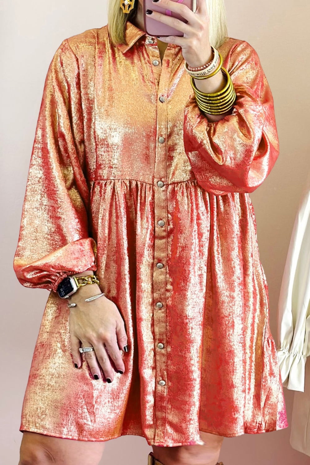 Ahlaray Peach Blossom Glam Balloon Sleeve Shirt Dress, Plus Size Mini ...