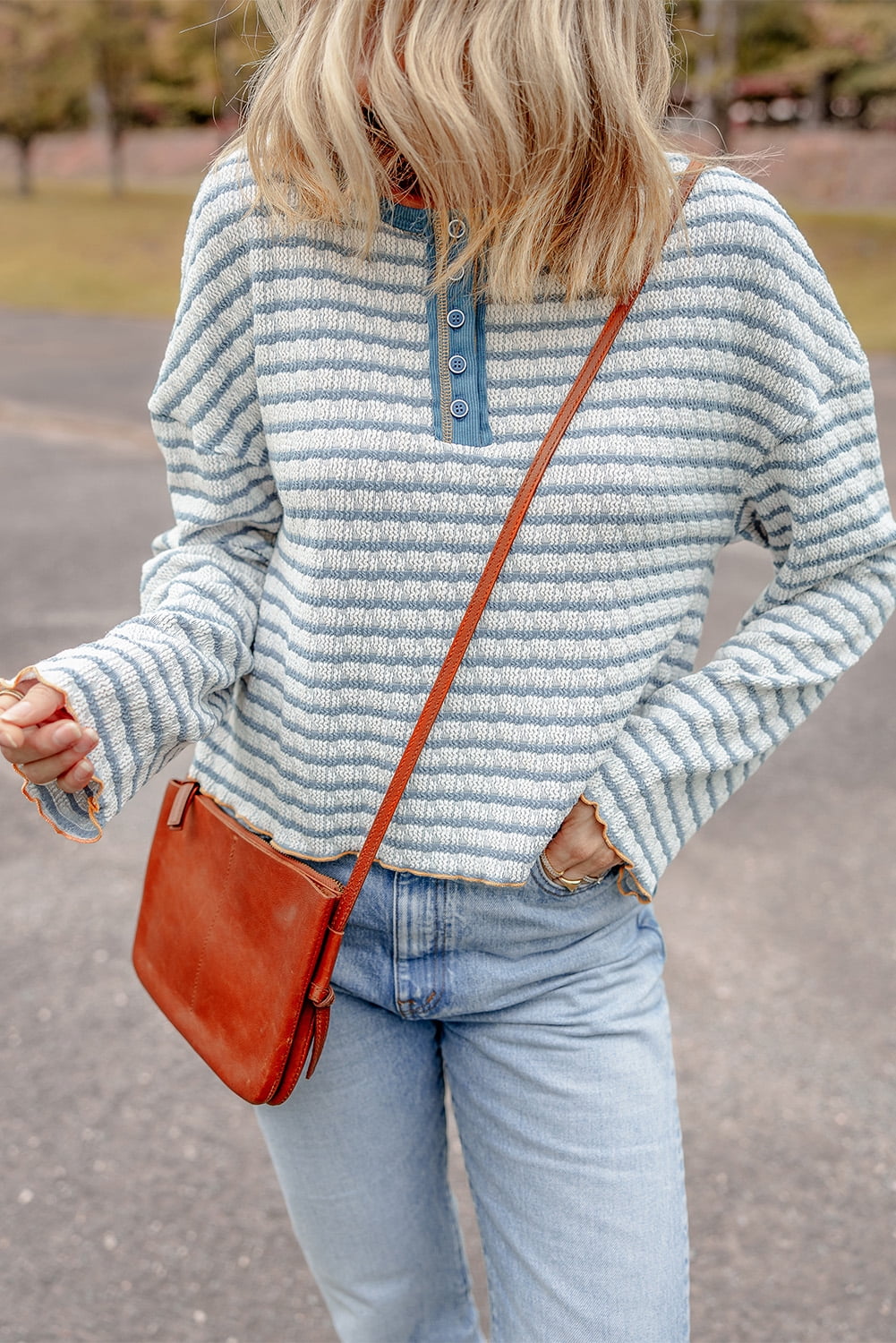 Ahlaray Sky Blue Henley Top - Textured Stripe Frills, V-Neck, Casual ...