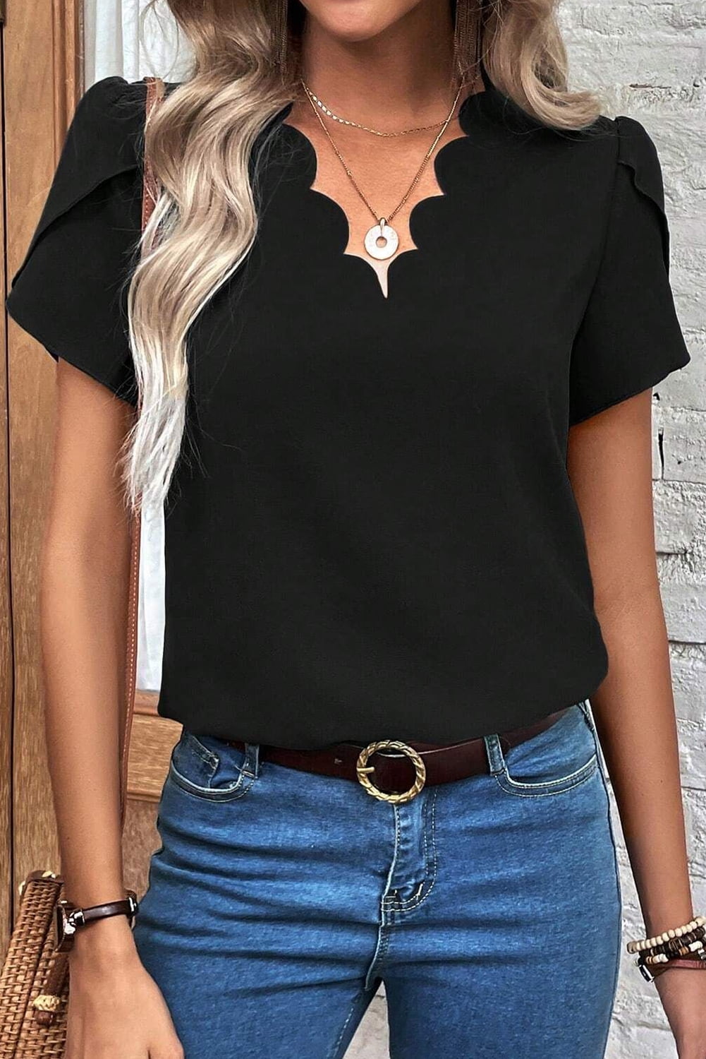 Ahlaray Stylish Black Scallop V-Neck Top - Versatile for Every Event ...
