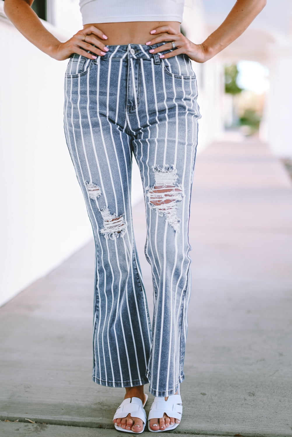 Ahlaray Vibe! Sky Blue Striped Flare Jeans – Stretchy Classic Fit ...