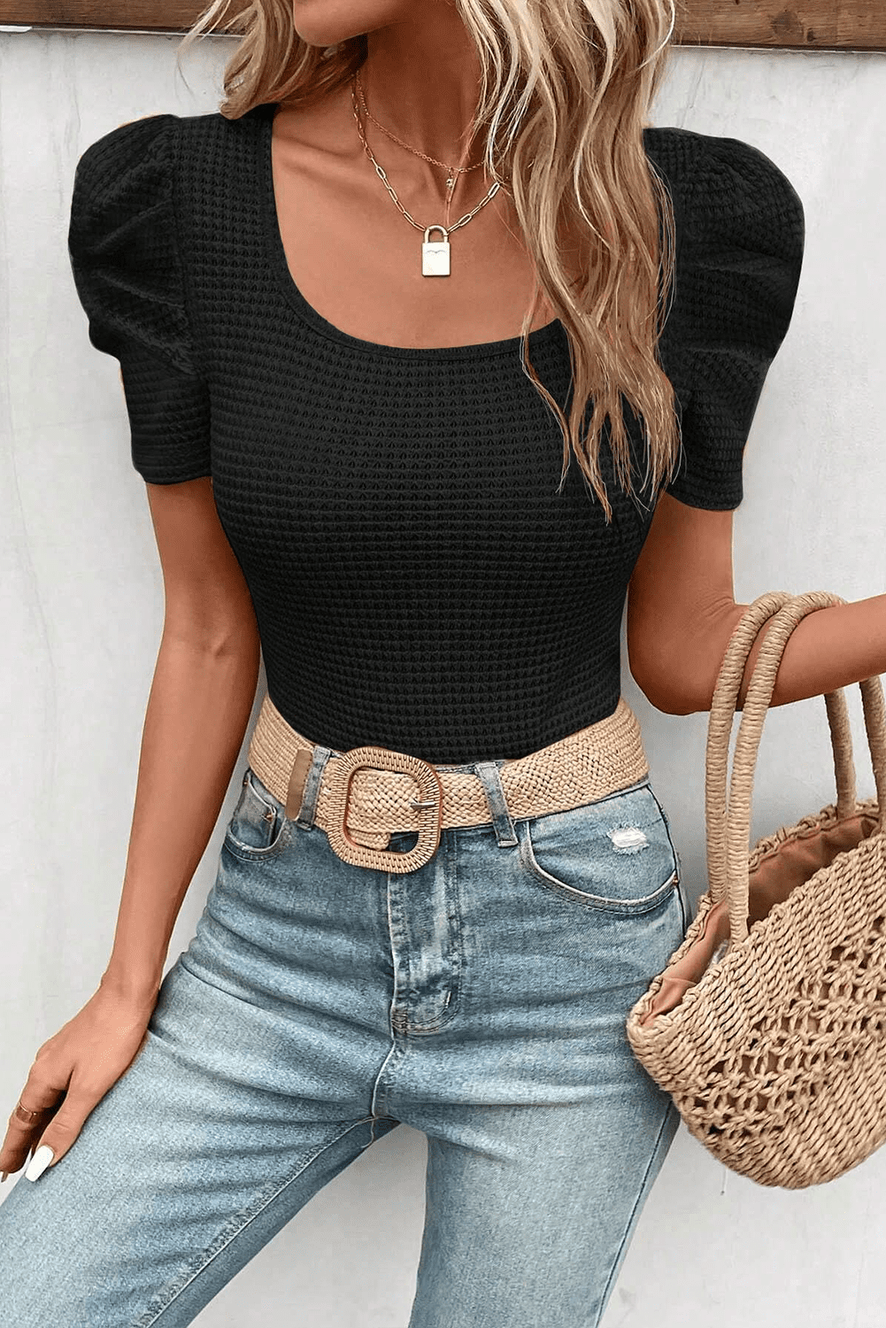 Ahlaray Vibrant Black Waffle Knit Top - Puff Sleeves for Style! - Walmart.com