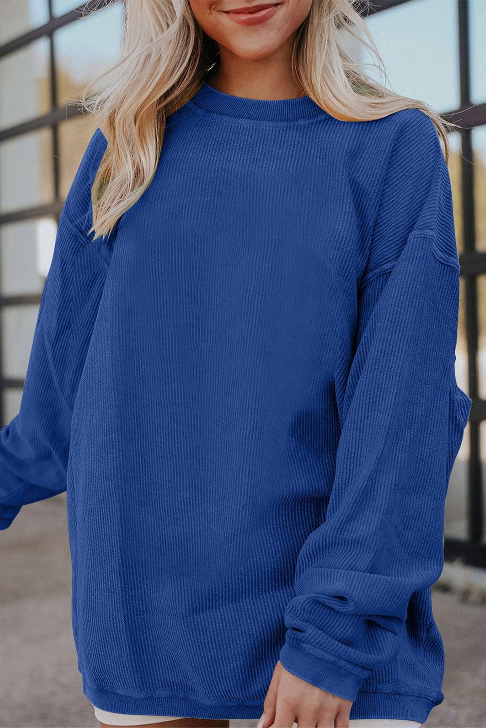 Ahlaray Vibrant Dark Blue Oversized Ribbed Sweatshirt - Your All-Year ...