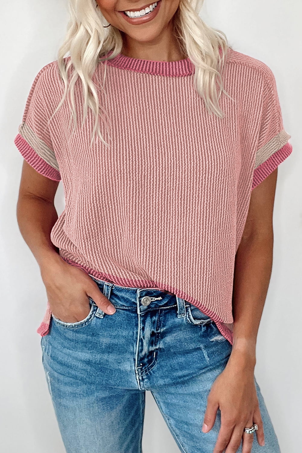 Ahlaray Vibrant Light Pink Tee with Textured Trim - Summer Must-Have ...