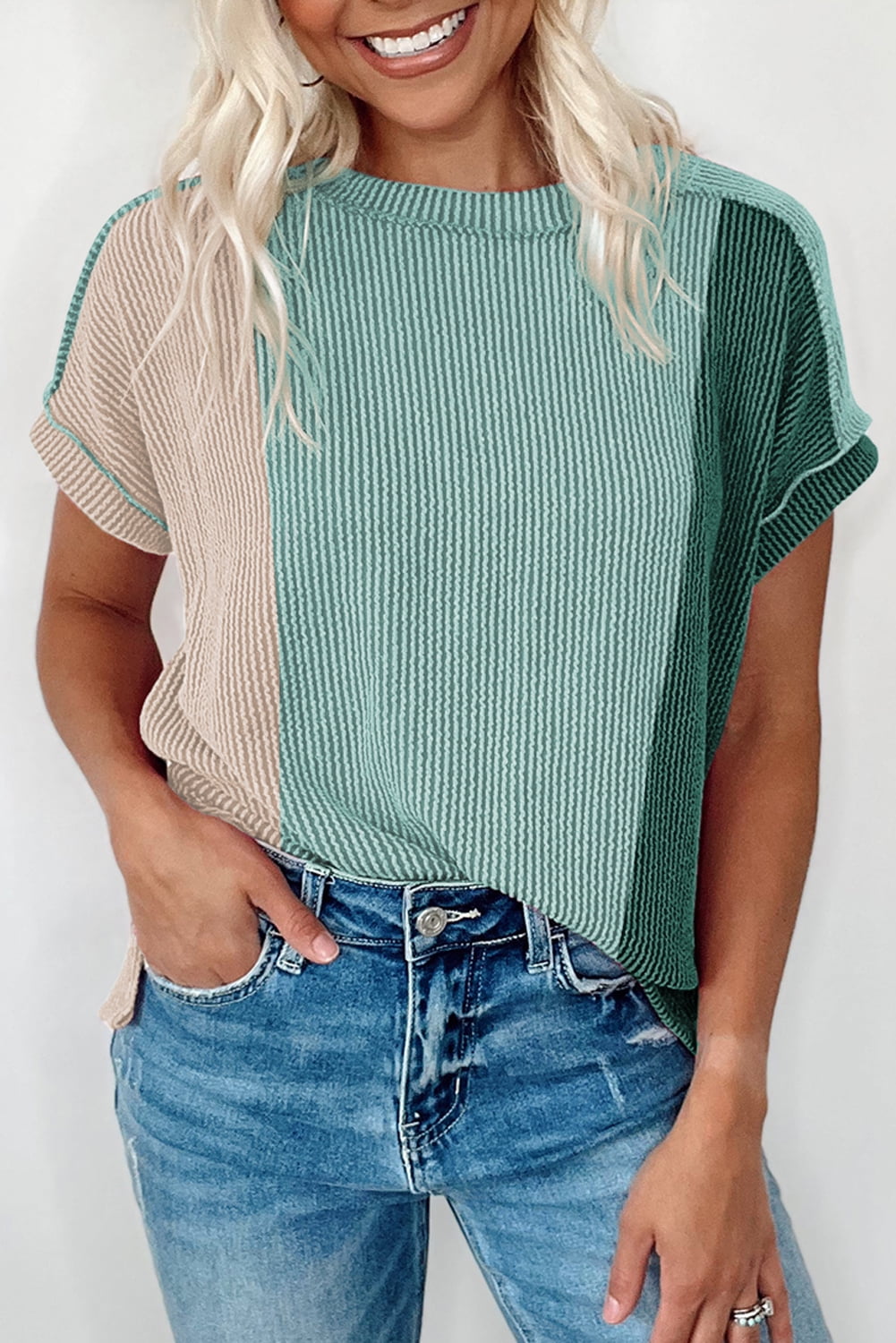 Ahlaray Vibrant Mint Tee: Textured Colorblock V-Neck, Women's Style ...
