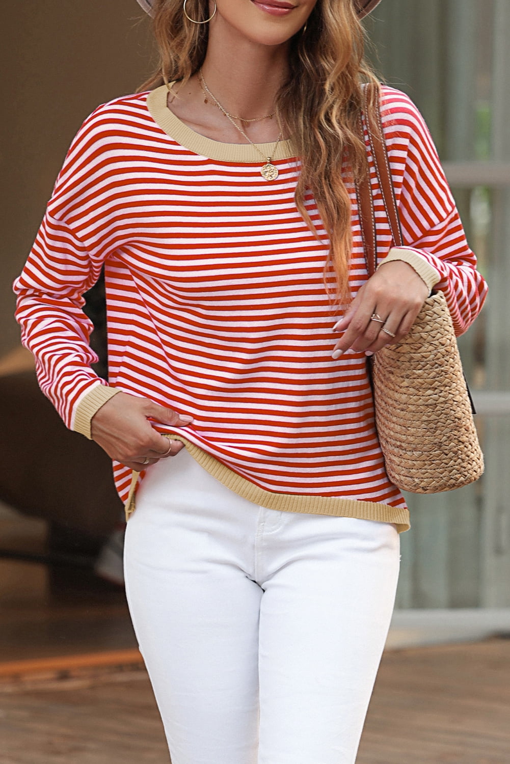 Ahlaray Vibrant Red Striped Sweater - Chic Drop Shoulder for All Sizes ...
