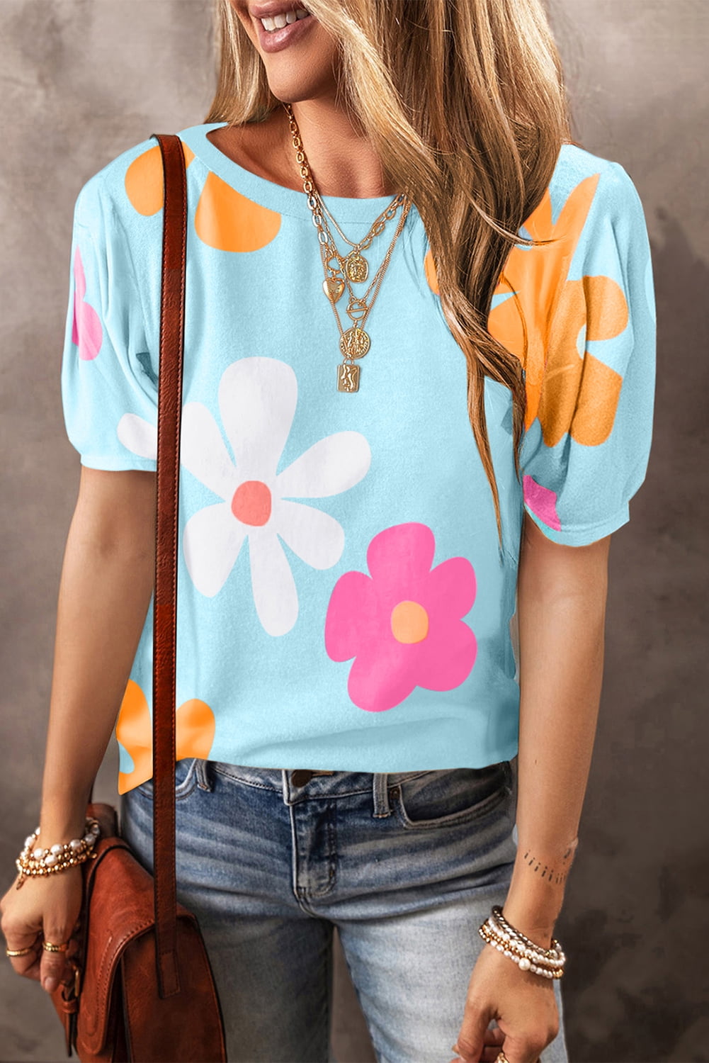Ahlaray Vibrant Sky Blue Flower Bubble Sleeve Tee - Summer Must-Have ...
