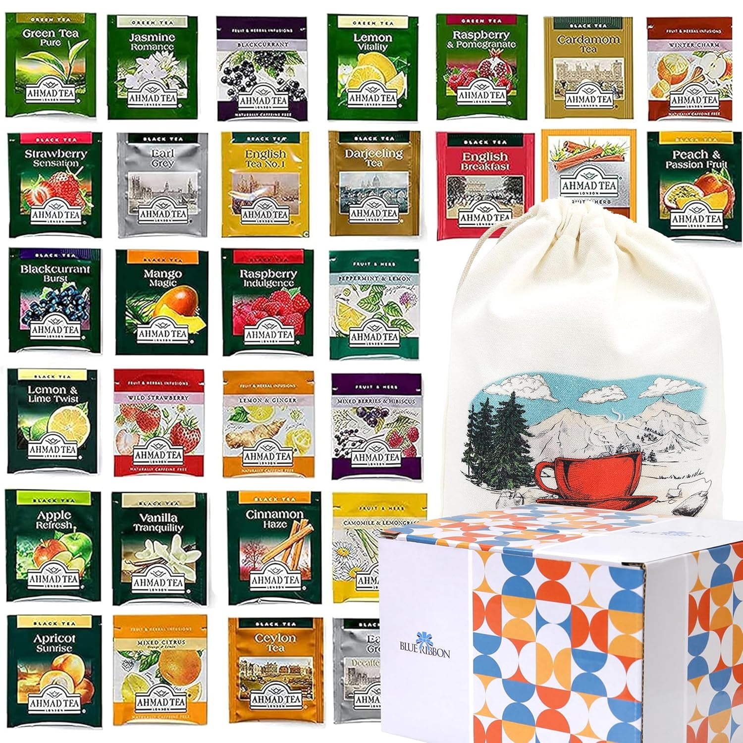 Ahmad Tea Bags Sampler Assortment in Cotton Pouch Bag (30 Count) 30 ...