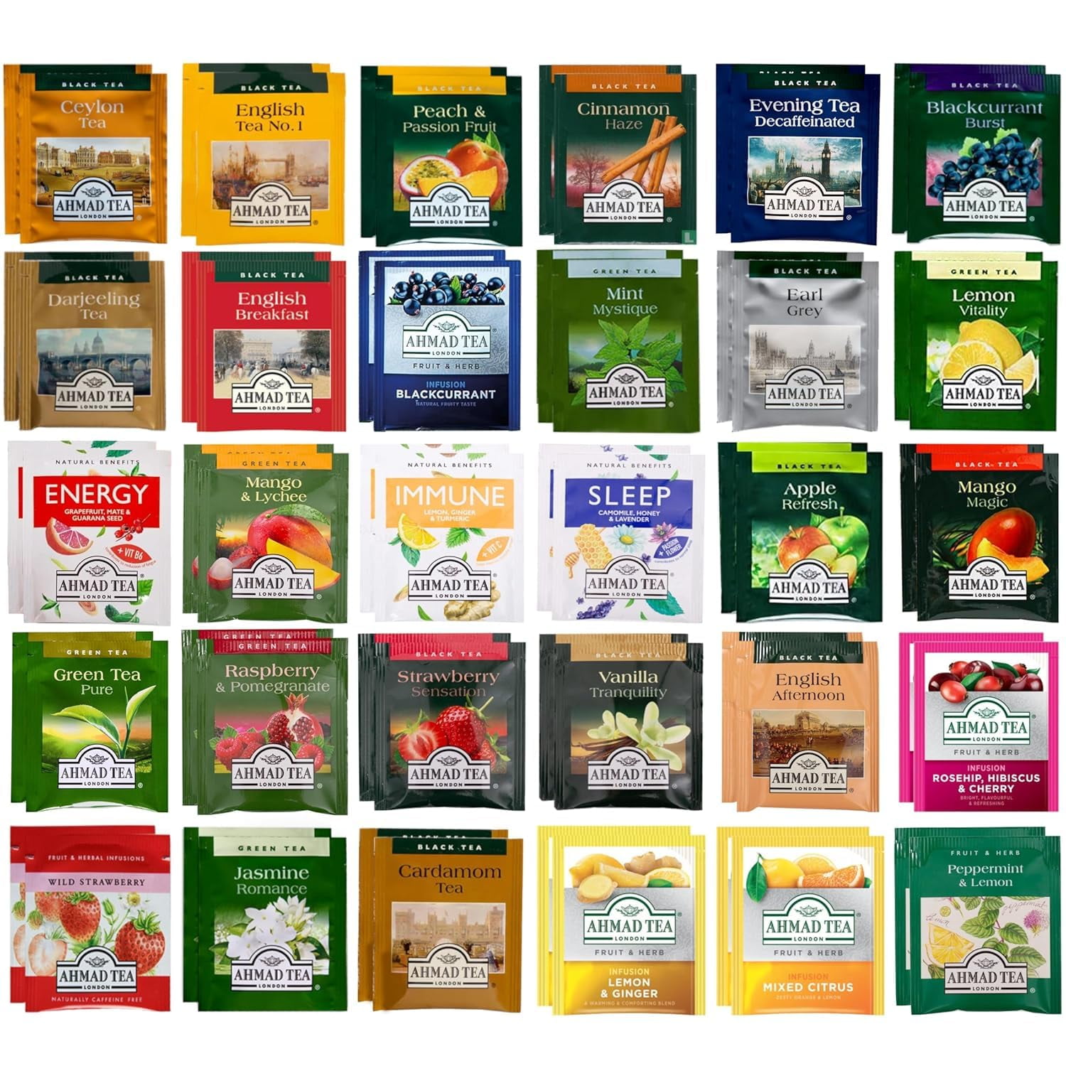 Ahmad Tea Bags Sampler Assortment Variety Pack (60 Count) 30 Flavors of ...