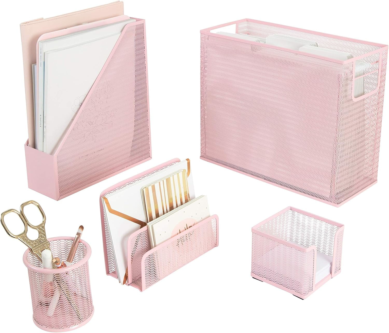 Ahot 5 Piece Office Supplies Pink Desk Organizer Set - with Desktop ...