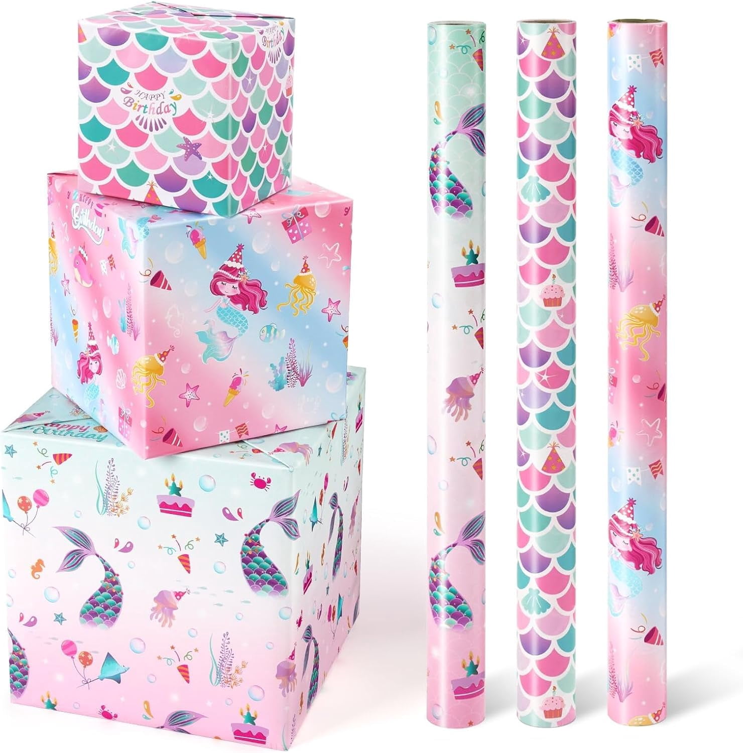 Ahot Mermaid Wrapping Paper - 3 Rolls 17” x 120” Girls Birthday ...