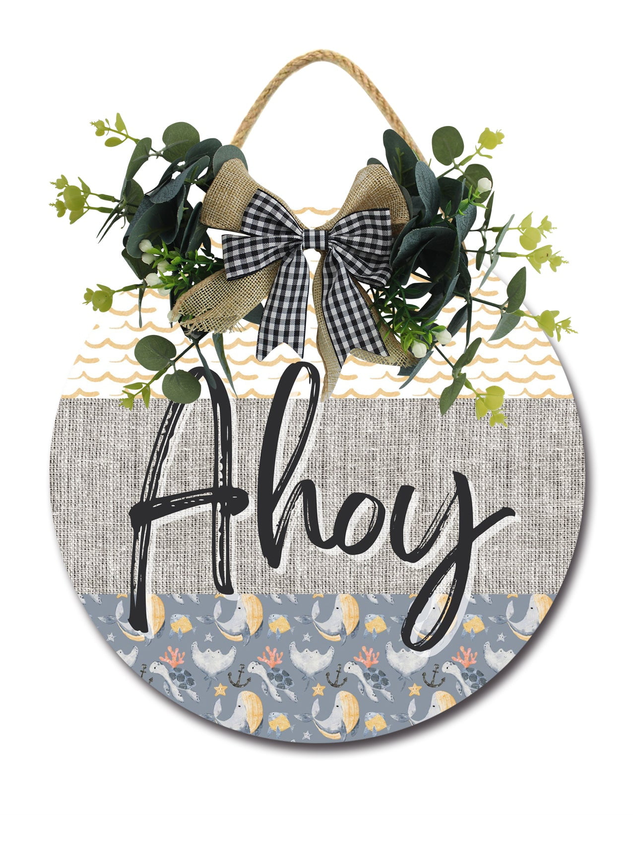 Ahoy Door Hanging Sign 11 inch Wooden Wall Sign, Rustic Holiday Wreath ...