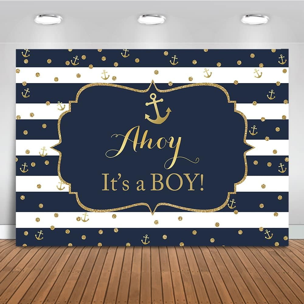 Ahoy It's a Boy Backdrop Nautical Baby Shower Background Gold and Navy ...