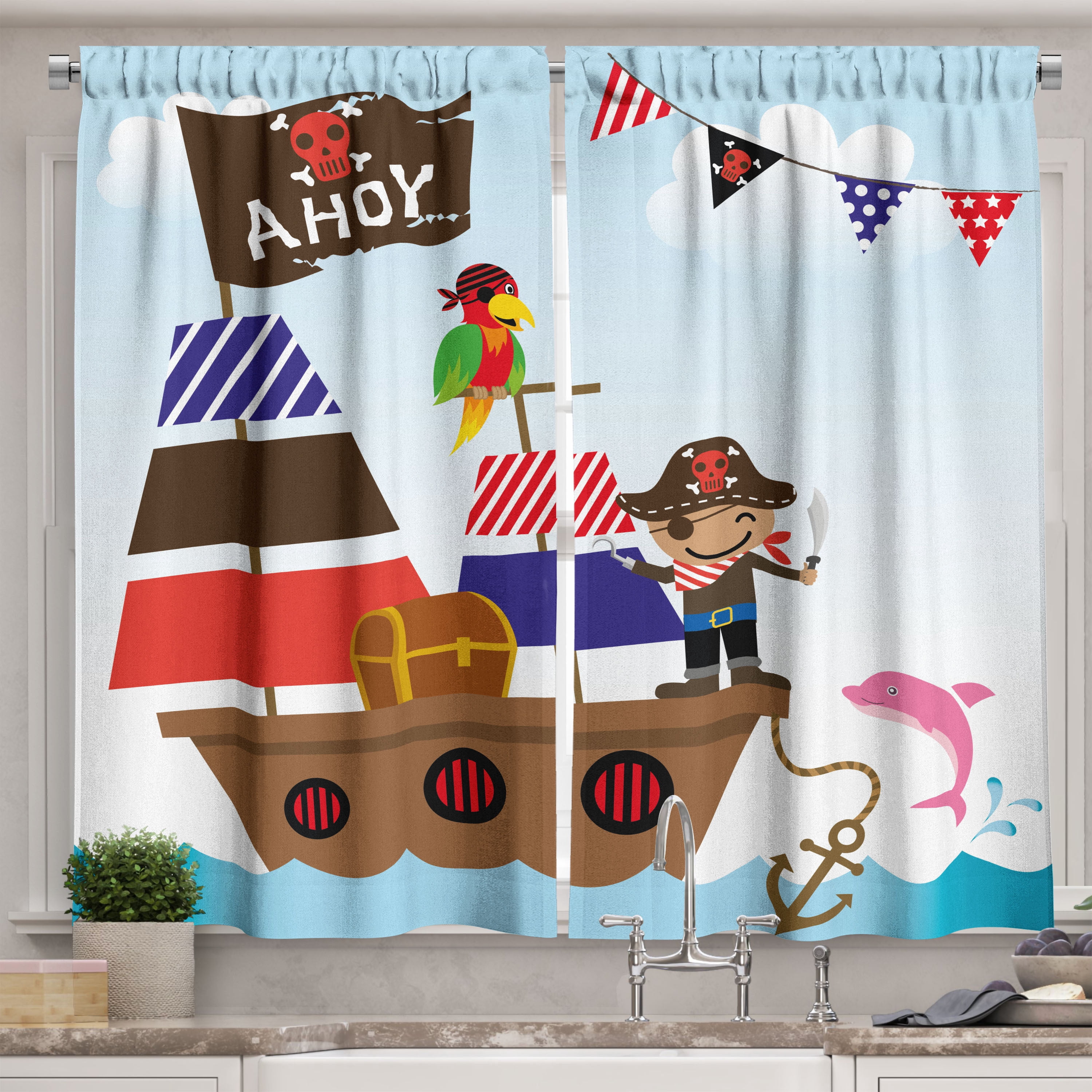 Ambesonne Reveal Party Kitchen Curtains, Pirate Ship Ocean Ahoy, 55"x39 ...