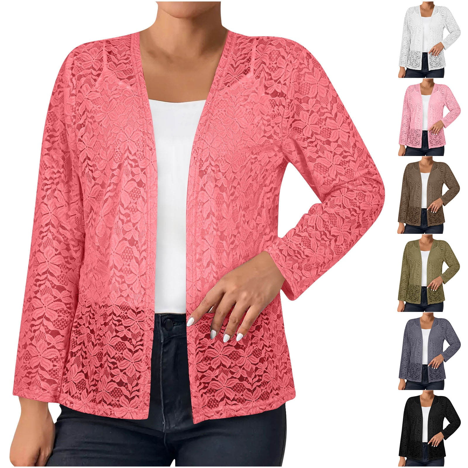 Ahuyic Fall Womens Coats,Cardigan Long Sleeve Solid Color Hollow Lace ...