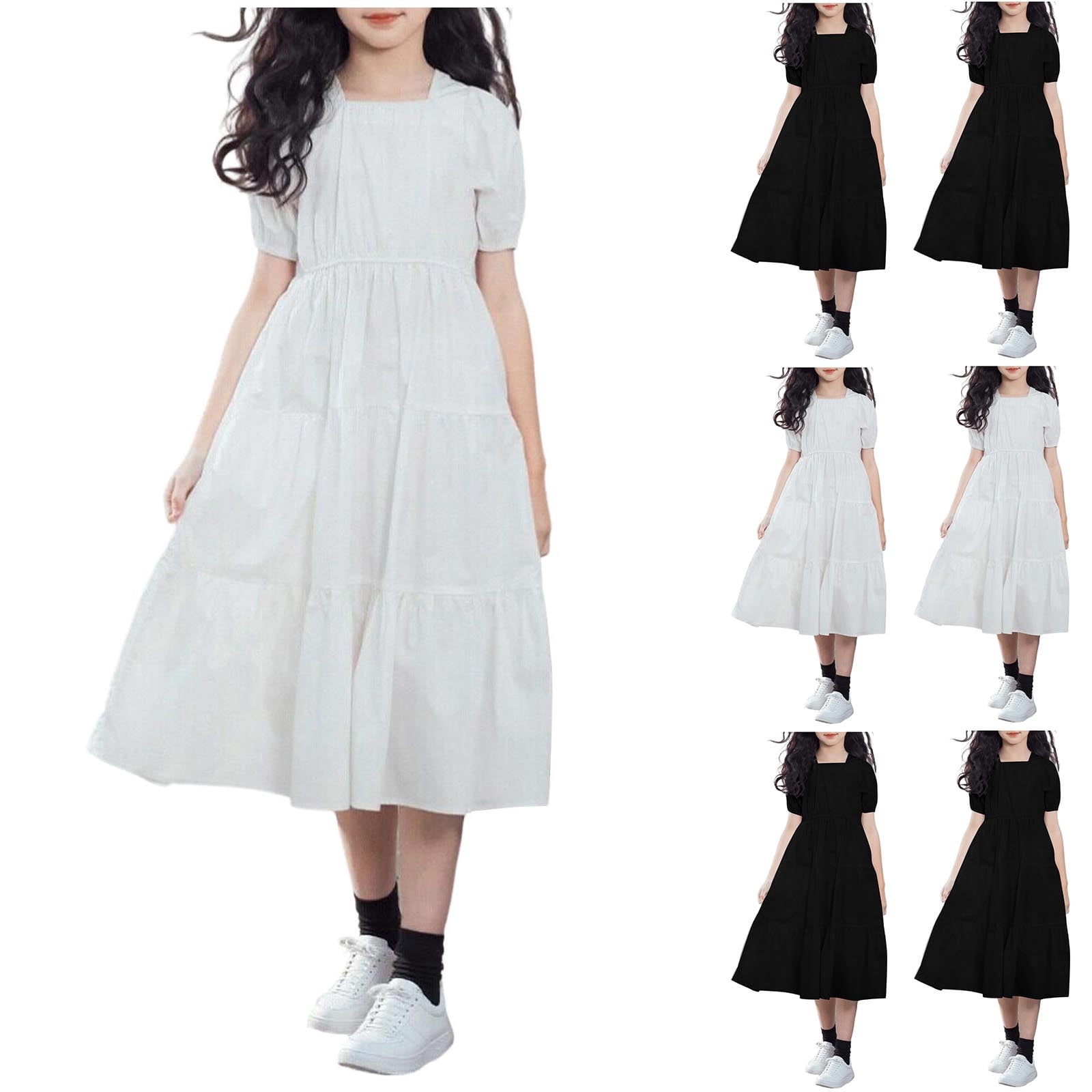 Ahuyic Girls Preppy Style Solid Color Puff Sleeve Square Neck Dress 5 ...