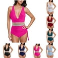 Ahuyic Womens Bikini,Womens Solid Color Deep V-Neck One-Piece Swimsuits ...